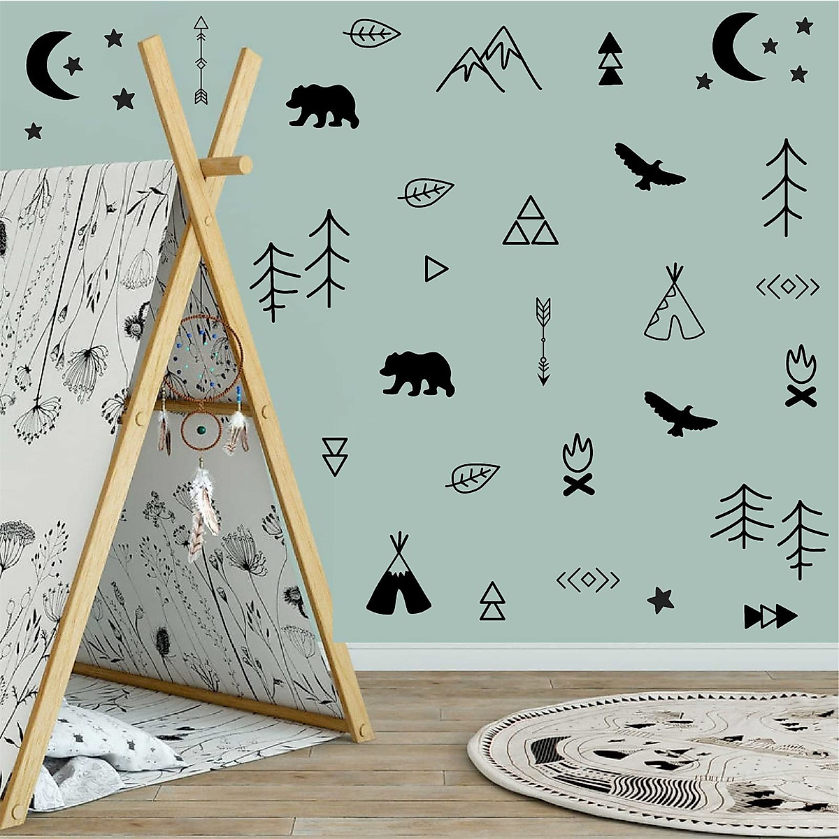 Woodland Animal Wall Decals Camping Wall Stickers Black Tree Animal and Mountain Wall Stickers Forest Animal Wall Decals for Kids Bedrooms Woodland Nursery Decor