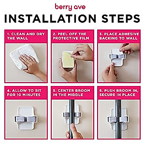 Berry Ave Broom Holder & Mop Grippers [5-Pack]- Self Adhesive, No-Drilling, Wall Mount Tool Organizers For Kitchen, Garage, Laundry Room- Anti-Slip Hanger For Brooms, Mops, Rakes, Dustpans- White