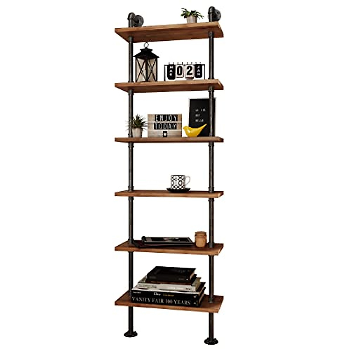 Industrial Pipe Bookshelves Rustic Wall Ladder Bookshelf Display Storage Stand Shelf Bookcase for Living Room, Kitchen, Office (6 Tier)