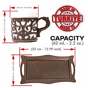 HeraCraft Antique Bronzed Color Turkish Coffee Serving Full Set - with Turkish Coffee Multi Serving Tray 6 oz Coffee Pot 2pcs Cups Lids Tray Sugar Bowl Spoons - Best Gift Set