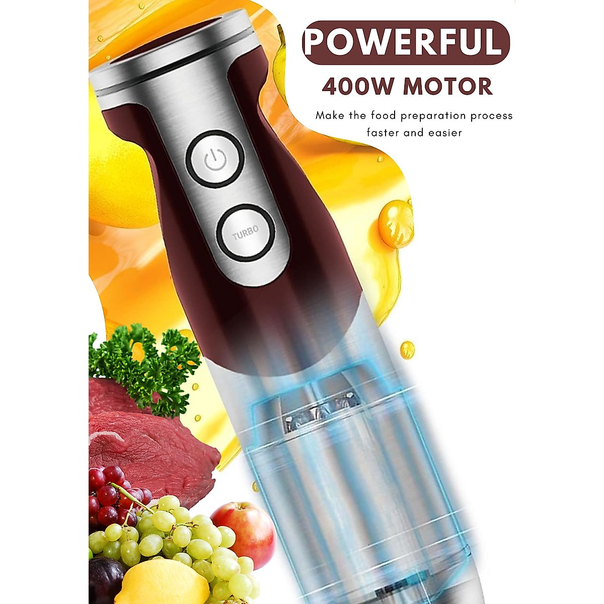 MegaWise Pro Titanium Reinforced 5 in1 Immersion Hand Blender, Powerful with 80% Sharper Blades, 12 Speed Corded Blender, Including 500ml Chopper, 600ml Beaker, Whisk and Milk Frother