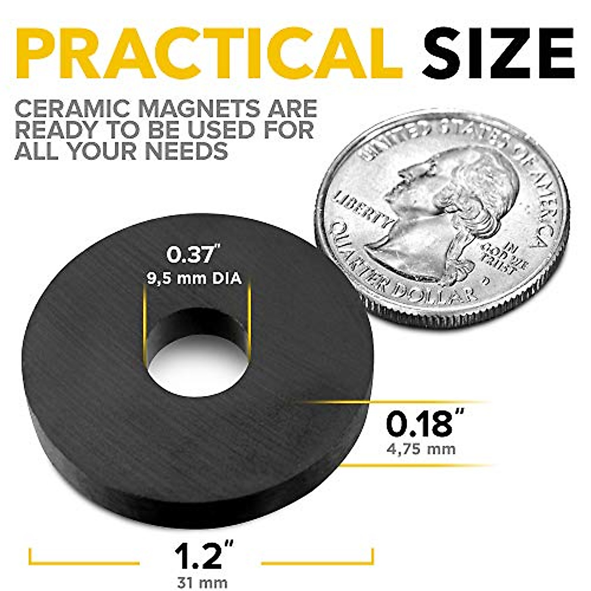 Ferrite Ring Magnets with Holes - 1.2 Inch (31mm) Round Disc Donut Magnets - Circle Hole Magnets - Perfect Ceramic Circular Magnets for Crafts and DIY