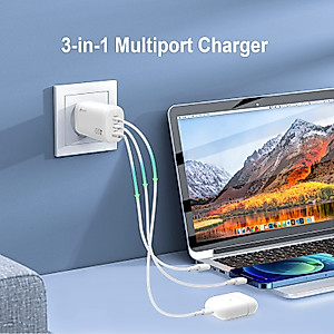 65W USB C Charger 3-Port GaN Fast Charger USB-C Block Acoucou Compact Foldable USB Wall Charger with 5ft Type-C Cable for Laptop, Dell XPS, Phone 15/14/13, tablet, Galaxy S23, Pixel 7, Steam Deck