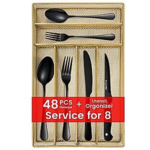 48 pcs BLack Silverware with Organizer, Stainless Steel Flatware with Steak Knife, Mirror Polished Cutlery Utensil Set, Durable Home Kitchen Eating Tableware Set, Include Fork Knife Spoon Set