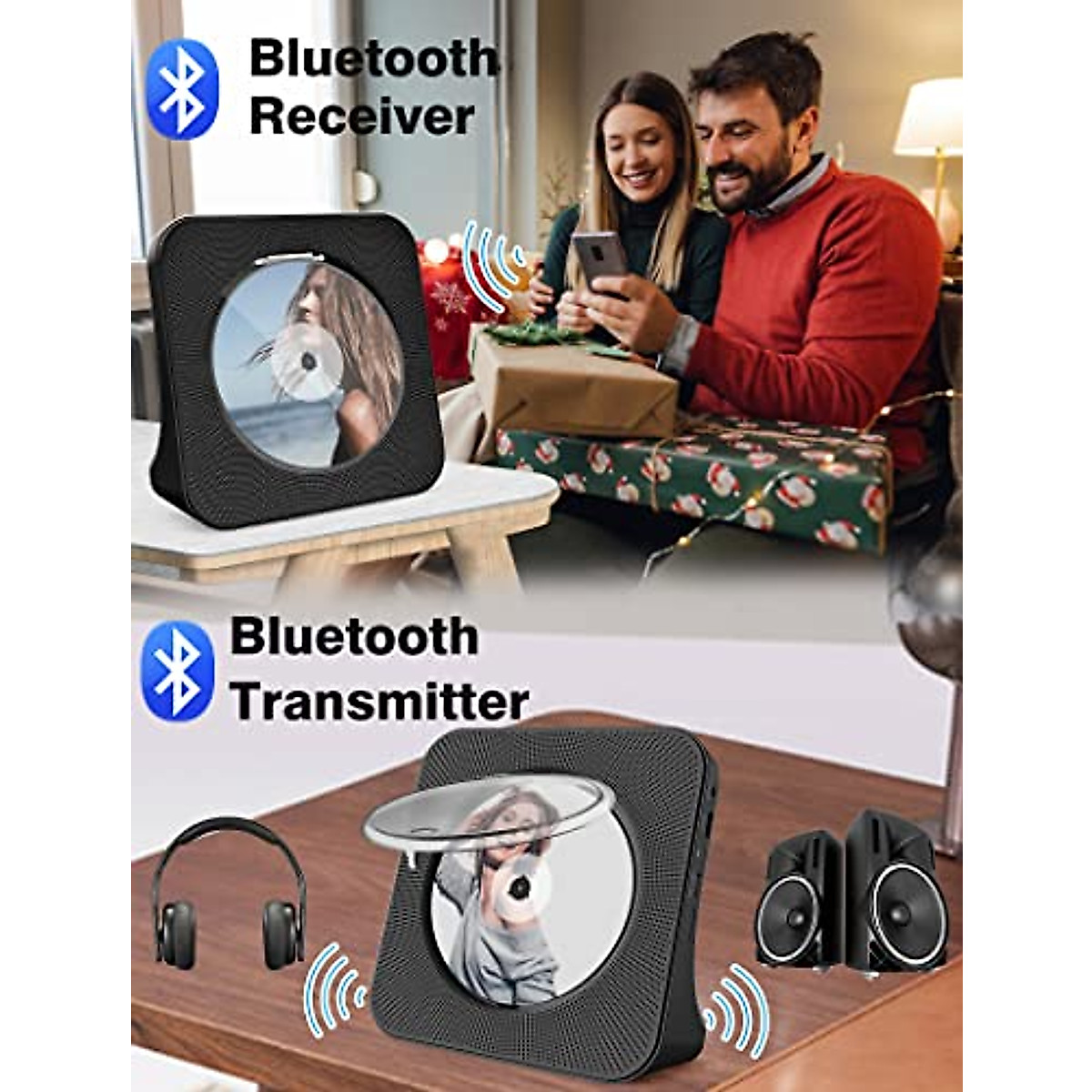 Portable CD Player with Bluetooth: 4000mAh Rechargeable Kpop Music Player with HiFi Speaker,Remote Control,LCD Display,Sleep Timer,Headphone Jack, Supports CD/Bluetooth/FM Radio/U-Disk/AUX(Black)