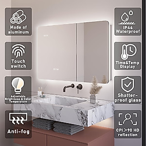 MIRPLUS Lighted Medicine Cabinet with Mirror for Bathroom, 24 x 36 inch Wall Mounted Bathroom Cabinet Touch Switch 3 Color Lights & Brightness Adjustment, Anti-Fog Time & Temp Display (Double Door)