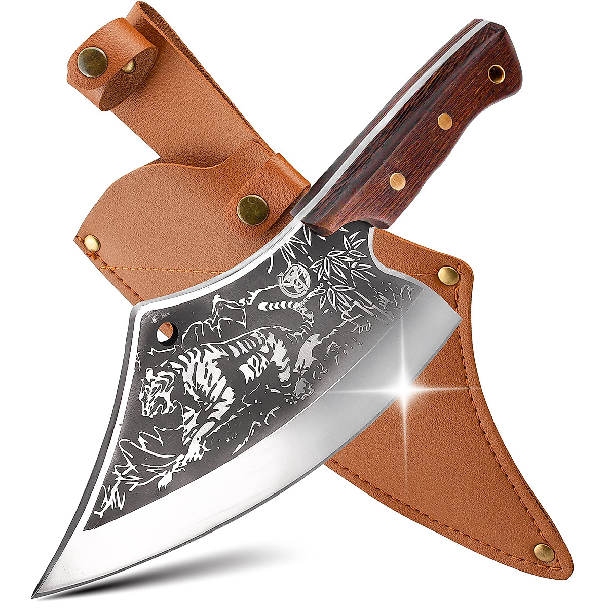 ZENG JIA DAO Meat Cleaver Knives with Sheath - 8'' Hand Forged Butcher Knife with Tiger Style - Heavy Duty Chopping Knife - Rival to Damascus Cleaver Knife for Home, Restaurant - 2023 Gift