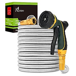 NGreen Stainless Steel Garden Hose - Flexible Metal Water Hose with Nozzle, Puncture, Rust Proof and Corrosion Resistant, Never Kink and High Pressure, Collapsible and Easy to Store (50FT)