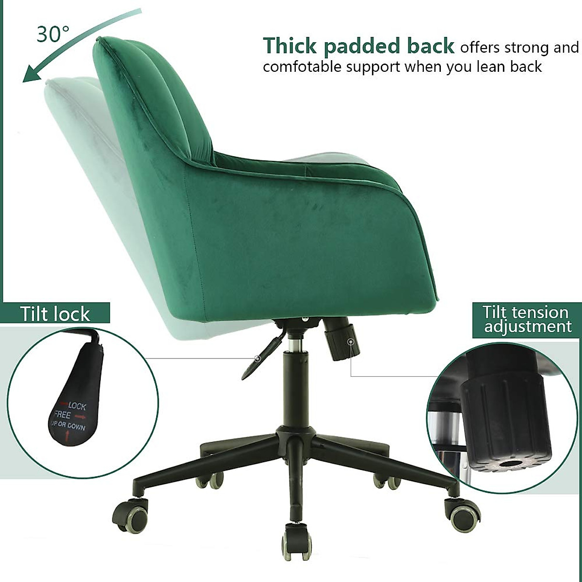 Home Office Desk Chairs Swivel,Comfort Velvet Task Chairs with Arms and Wheels, Adjustable Height, Big Accent SwivelChairs for Living Room and Bedroom (Padded Green)