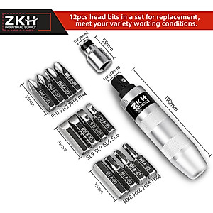 ZKH 1/2" CR-V Hand Impact Screwdriver, Manual Reversible Impact Driver Includes 12-Piece Slotted, Phillips, Hexagonal Bit Set, Disengage Rusted Fasteners or Frozen Bolts, Ideal Hand Tool for Men, Dad
