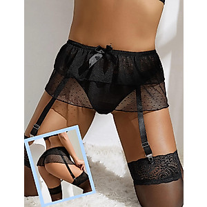comeondear Women Lace Garter Belt for Stockings with G-string Black Garter Skirt (Black, X-Large=US 8-10)