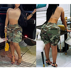 Vakkest Womens Camouflage Cargo Shorts Jogger Multi-Pocket Army Fatigue BF Plus Size Drawstring Cargo Short Pants