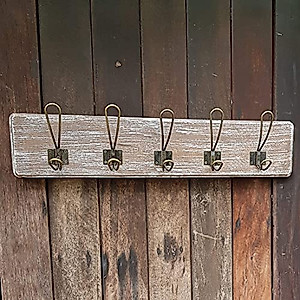 WRIGHTMART Wooden Coat Rack Wall Mounted with 5 Hanger Hook, for Porch, Kitchen, Bedroom, Hallway, Antique Farmhouse Rustic Character, Mahogany Wood, (Aged Whitewash Bronze Hook)
