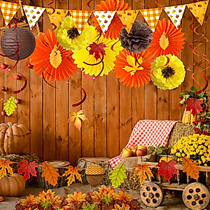 Mauts-inus Fall Thanksgiving Party Decorations -Orange Autumn Hanging Paper Fans Pom Poms Maple Leaves Party Swirls Streamers Lanterns Garlands Fall Banner for Thanksgiving Wedding Birthday