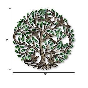 It's Cactus Haitian Hand Painted Tree of Life Wall Decor, Global Art Made in Haiti, Oil Drum Metal Craft with Birds, Decoration for Kitchen or Anywhere in Home, 24 In. x 24 In. (Hand-Painted Tree)
