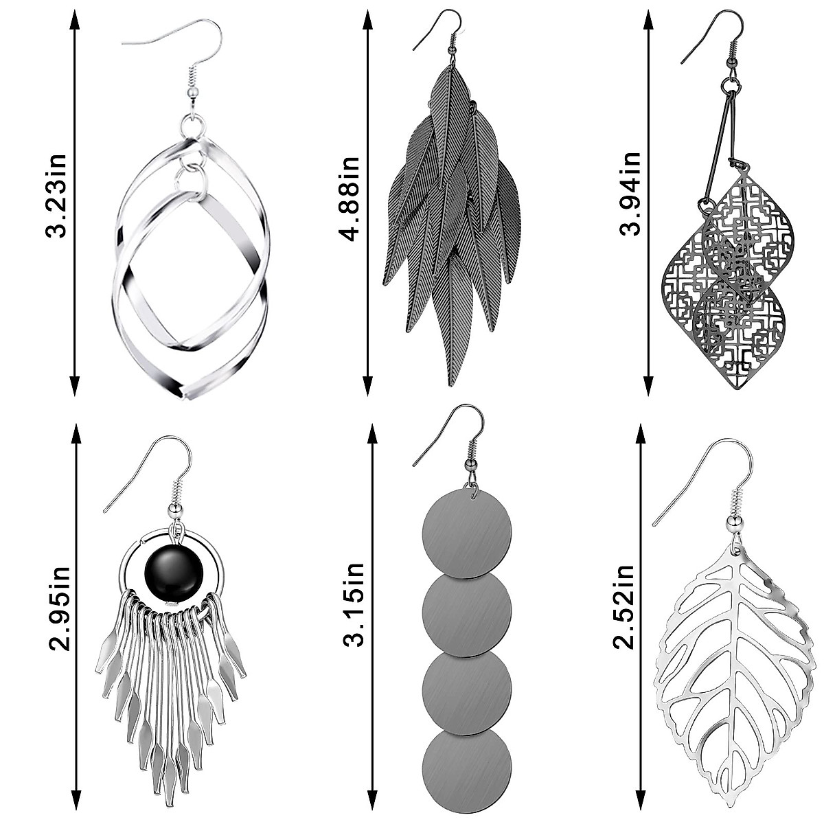12 Pairs Drop Dangle Earrings Bohemian Long Earrings Vintage Statement Earrings for Women(Silver, Black)
