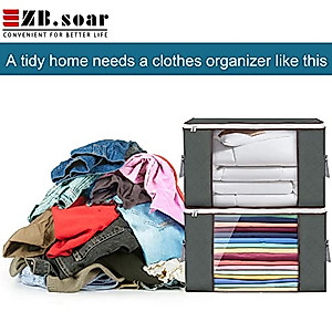 ZB.soar Clothing Storage Bags,Thickened Storage Bags for Bedroom with Reinforced Handle Thick Fabric for Comforters, Blankets, Bedding, Foldable with Sturdy Zipper, Clear Window, (2 Pcs, 90L, Gray)
