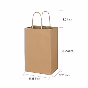 Toovip 50 Pack 5.25x3.25x8.25 Inch Small Plain Brown Kraft Paper Bags with Handles Bulk, Gift Bags for Favor Grocery Retail Party Birthday Shopping Business Goody Craft Merchandise Take Out Sacks