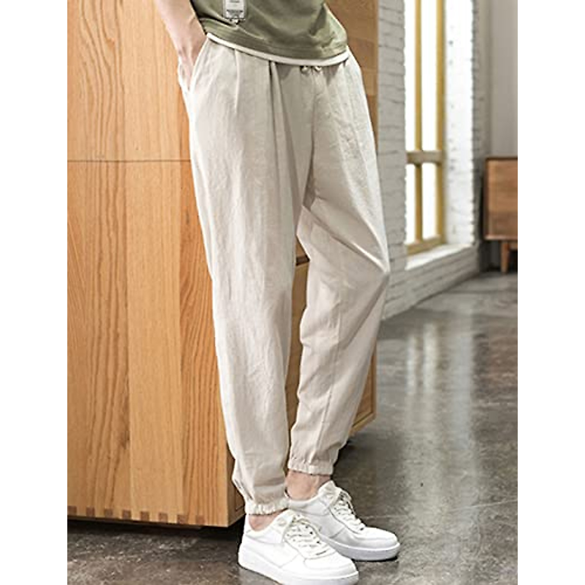 Zontroldy Men's Pants Cotton Linen Yoga Golf Beach Jogger Sweat Lounge Harem Pants Trousers(0009-Khaki1-L)