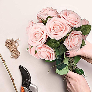 Mocoosy 50pcs Artificial Rose Flowers, Pink Roses Blush Real Touch Foam Fake Rose Bulk with Stem for Wedding Bouquets Centerpieces Wedding Shower Party Home DIY Decoration