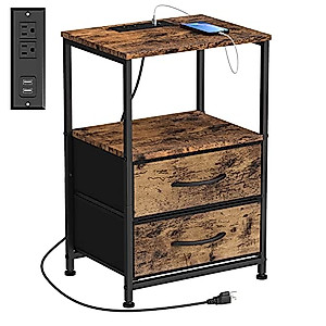 YBING Nightstand with Charging Station End Table with USB Ports and Outlets Bedside Table with Open Shelf Side Table with Fabric Drawers Industrial Night Stand for Bedroom Living Room (Brown)