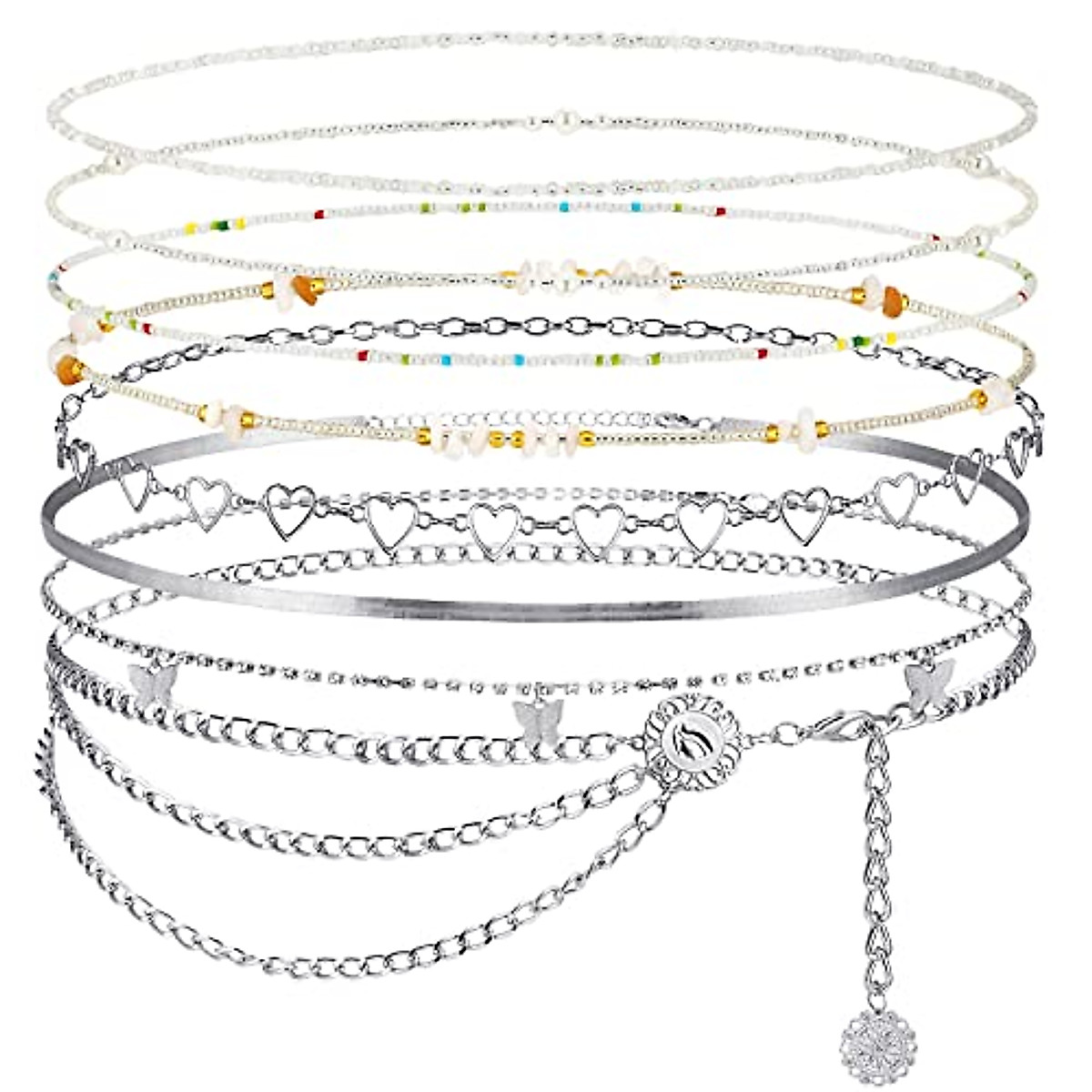 JenPen 8 Pcs Belly Chain Adjustable Waist Chain Summer Beach Bikini Boho Waist Body Beads for Women Adults Multilayer(Modern Style)