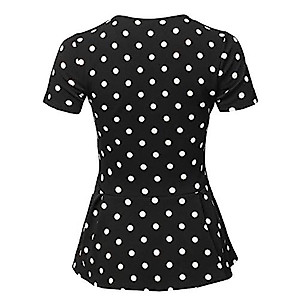 SSOULM Women's Classic Stretchy Short Sleeve Flare Peplum Blouse Top BLACKPOLKADOT L