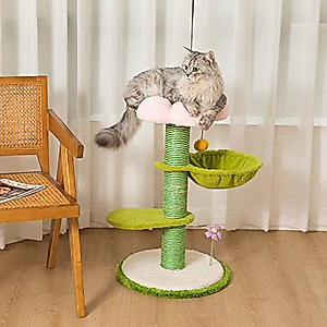 PET WONDERLAND Cute Cat Tree 29 Inches Pink Flower Cat Tower with Scratching Post for Small Cats,Green Cat Hammock Bed,Plush Perch,Cozy Platforms,Unique cat Scratcher,Cat Furniture for Indoor Cats