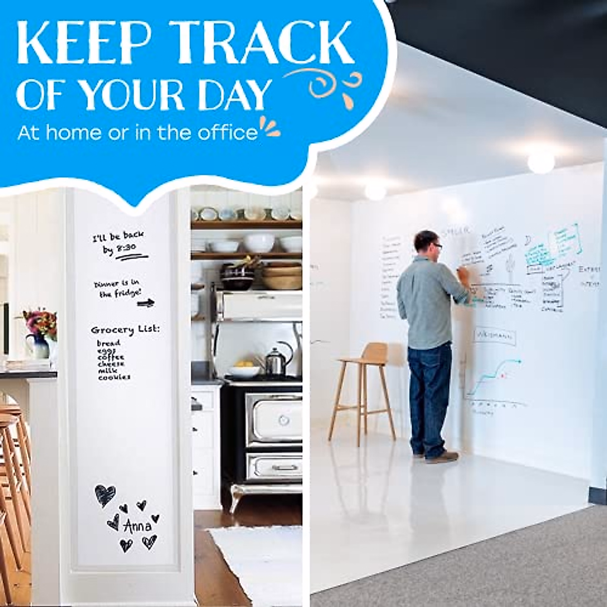 MMFB White Board Sticker Dry Erase, Chalkboard Wallpaper Stick and Peel Adhesive Roll with 4 Ery Erase Chalk Markers for Wall, Tables, Schools, Home (17.8" X 84", 1 Pack)