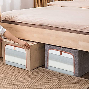 OJIMO Foldable Clothes Storage Bins 2 Pack,Stackable Metal Frame Storage Box w/Reinforced Handle, Stackable Thick Linen Fabric Closet Organizer Set with Clear Windows, Sturdy Zippers(15.4x11.4x7.9in)