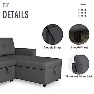 IULULU L Shaped Sectional Sofa, 82 Inch Convertible Sleeper Couch with Pullout Bed, Storage Chaise, Cupholders, 2 in 1 Pull Out Couch for Living Room, Apartment, Charcoal Grey