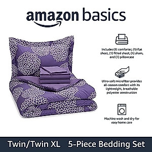 Amazon Basics Lightweight Microfiber Bed-in-a-Bag Comforter 5-Piece Bedding Set, Twin/Twin XL, Purple Floral