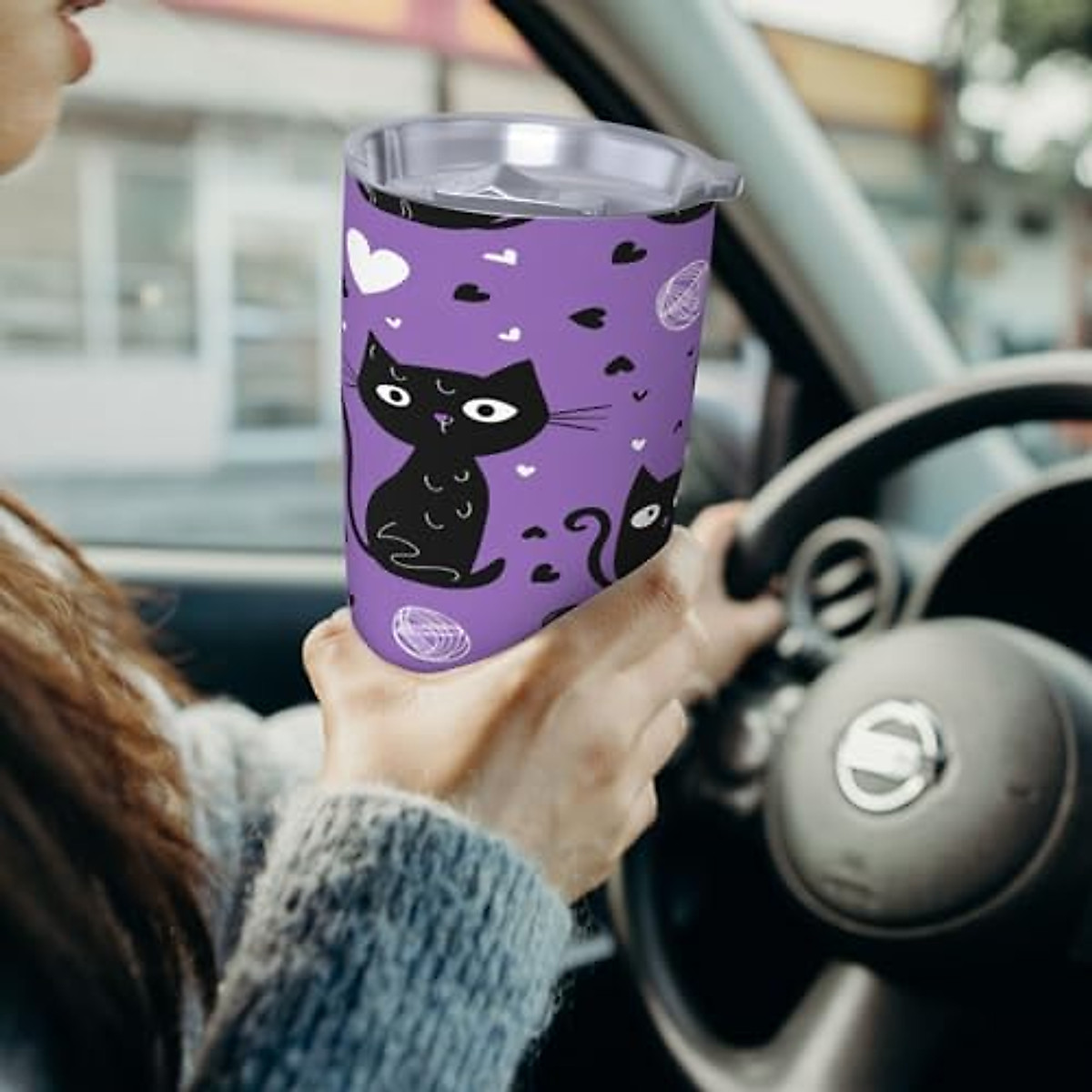 AYCZN Black Cat Heart 20 OZ Tumbler Stainless Steel Travel Coffee Mug, Cute Kitten Insulated Water Bottle with Lid and 2 StrawsLeakproof Thermal Cup