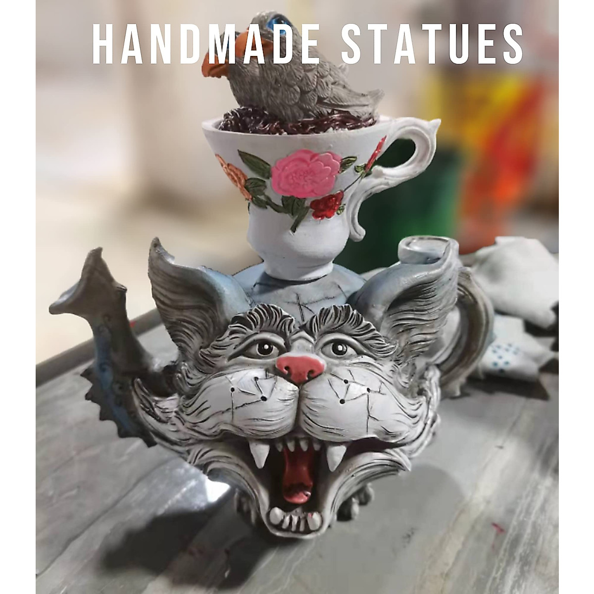 KllLAS Handmade Art Cat Teapot Statues Devil Cats Imitation Teapot Decor Sculpture - Home Desktop Shelf Ornaments Decorative Creative Resin Crafts for Living Room, Bedroom, Office(5.9in)