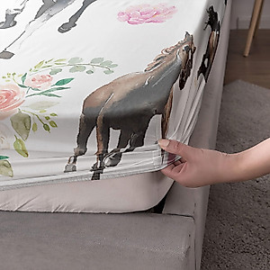Smell Sunshine Horses Sheets Set 4Pcs for Kids,Horses Flowers Printed Sheet Set with 1 Flat Sheet and 1 Fitted Sheet + 2 Pillowcases(Horses Flowers Full)