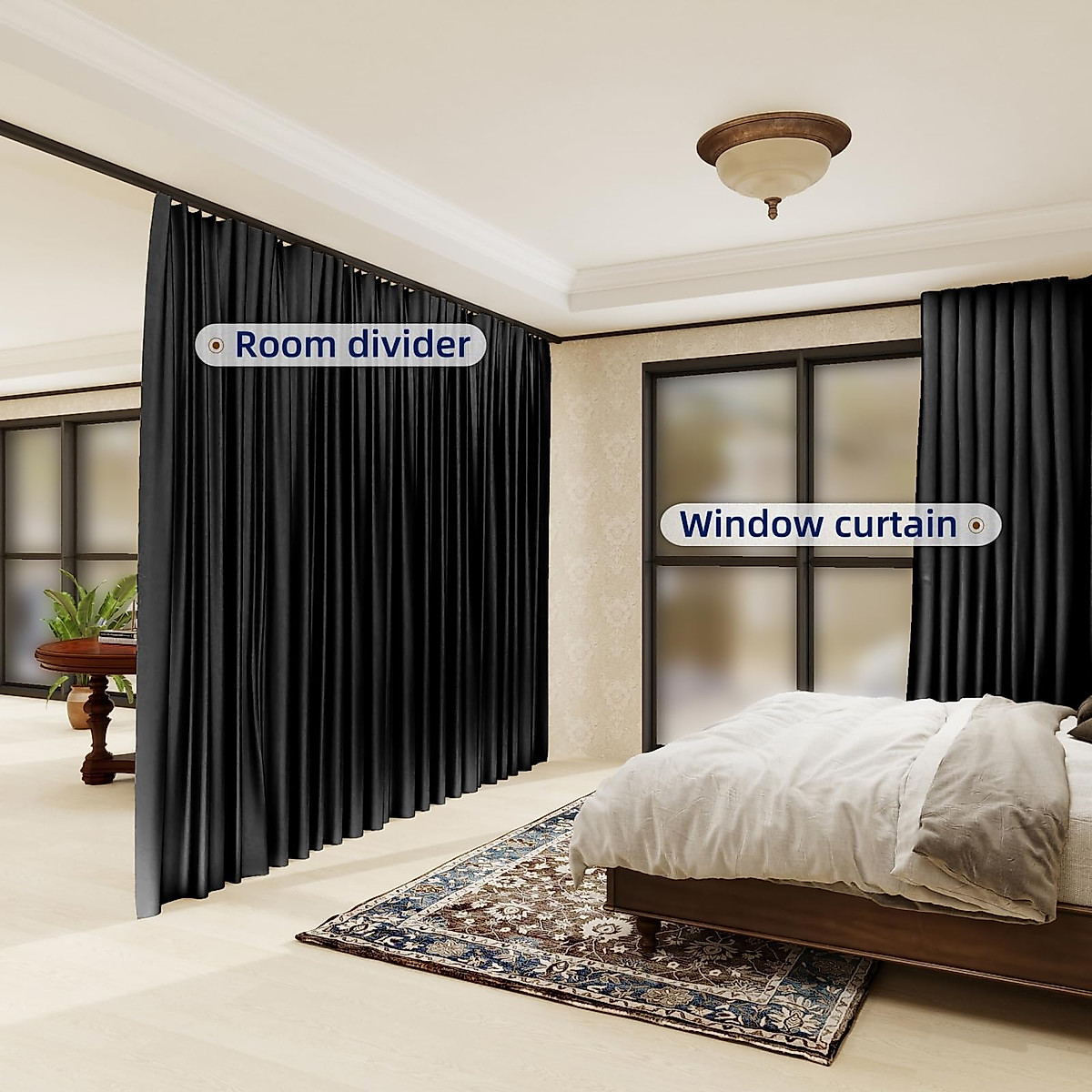 ROOMNEST Multifunctional Room Divider Curtain Totally Blackout Privacy Partition Drape Room Thermal Insulated Noise Reduced Suitable for Curtain Track&Rod System, 10 ft W x 9 ft H, Black, 1 Panel