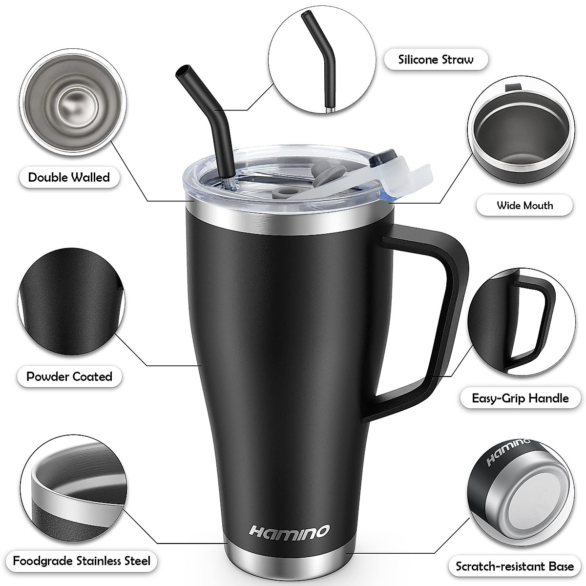 Hamino 30 oz Tumbler with Handle and Straw Lids, Double-Wall Vacuum Travel Coffee Mug with Handle, Stainless Steel Insulated Coffee Tumbler Cup for Home Office Travel HOT COLD Drinks (Black)
