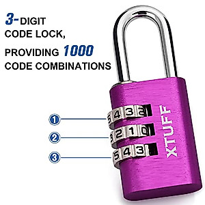 XTUFF Combination Lock-3 Digit Resettable Outdoor Waterproof Password Aluminum Lock, for School Gym Employee Sports Locker, Fence, Toolbox, Gate, Case, Suitcases, Set Your Own Combo Keyless Purple