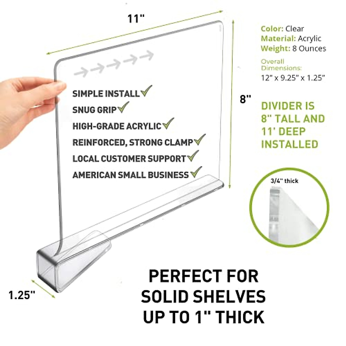 Clear Acrylic Shelf Divider and Organizer- Set of 6- Adjustable Closet Dividers for Shelves - 11" x 8” Shelf Dividers for Wood or Wooden Shelves, Purse Organizer, Sweater Organizer, Book Divider