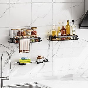 JOYZAN Shower Caddy Shelf Basket 5 Pack, Self Adhesive Shower Organizer for Home Decor&Kitchen&Bathroom, Caddy Organizer with Soap Holder, 10 Hooks and Tower Bar, No Drilling, Rust Proof,Black