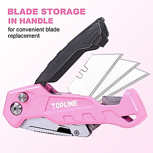 TOPLINE Folding Pink Utility Knife, Pocket Folding Pink Box Cutter, Blade Storage Design, 18-Piece SK5 Blades and a Dispenser Included (1 PACK(PINK))