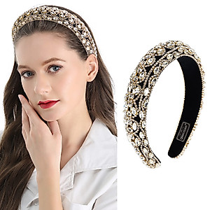 QIANXUAN Crystal Rhinestone Headbands For Women White Pearl Headbands For Girls Padded Headband Black Velvet Jewelry Chain Hairband Handmade Pearly Flower Retro Filling Diamond Hair Accessories