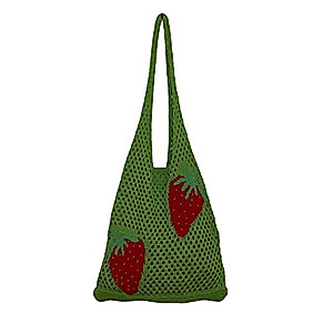 Women Fairycore Hobo Bag Trendy Strawberry Knitted Shoulder Bags Mesh Hollow Tote Bag Aesthetic Fairy Grunge Beach Purse (Green)