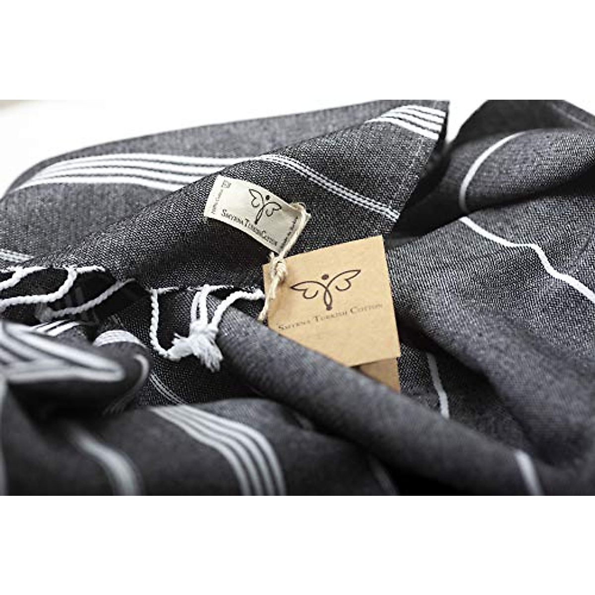 SMYRNA TURKISH COTTON Classical Series Beach Towel | 71 x 37 in 100% Cotton | Extra Large Wearable Turkish Bath Towel | Made in Turkey | No Shrink | Premium Luxury Striped Linen - Black