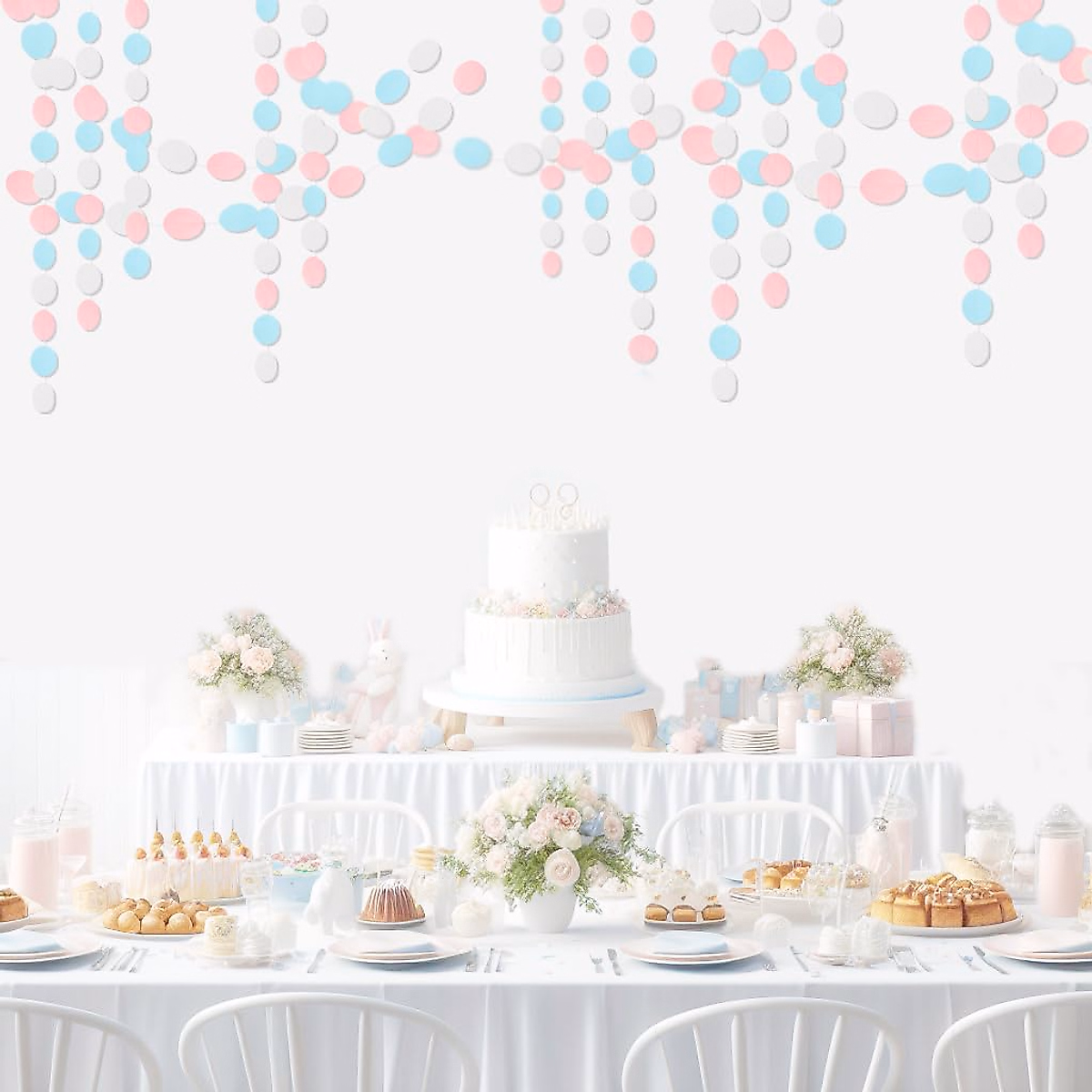 White Blue Pink Party Decorations - Paper Garland Streamer Banner Birthday Decorations Baby Shower Decorations Gender Reveal Decorations Gender Neutral Decorations Wedding Decorations Bridal Shower
