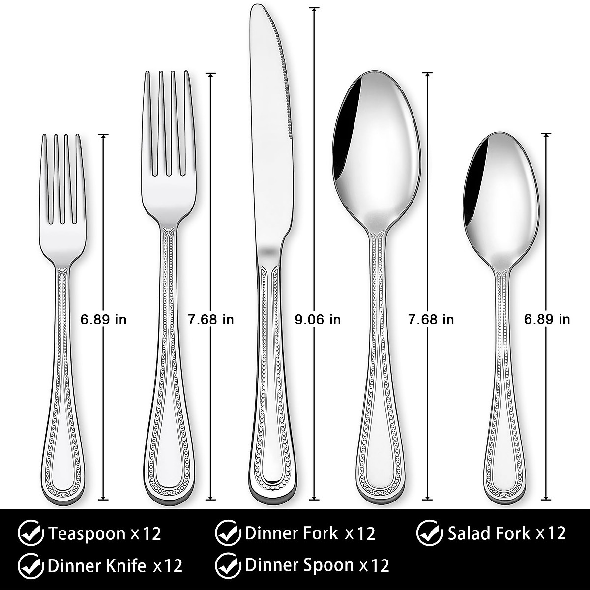 60-Piece Silverware Set, Stainless Steel Flatware Set for 12, Pearled Edge Food-Grade Tableware Cutlery Set, Utensil Sets for Home Restaurant, Mirror Finish, Dishwasher Safe