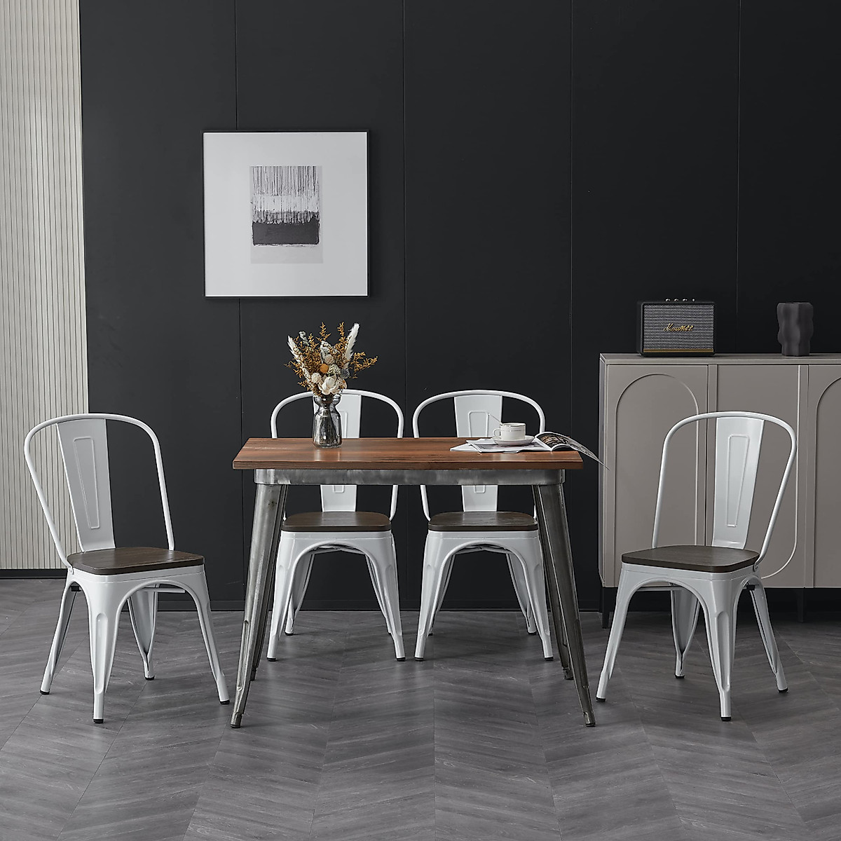 Nazhura Metal Dining Chair Farmhouse Tolix Style for Kitchen Dining Room Café Restaurant Bistro Patio, 18 Inch, Stackable, Waterproof Indoor/Outdoor (Sets of 4) (White with Wood Padding)