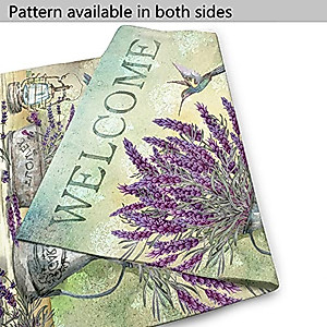 Lavender Flower Garden Flag Double Sided, Funny Hummingbird Bird Welcome Yard Flags for Outdoor Porch Lawn Home Decor 12 x 18 Inch
