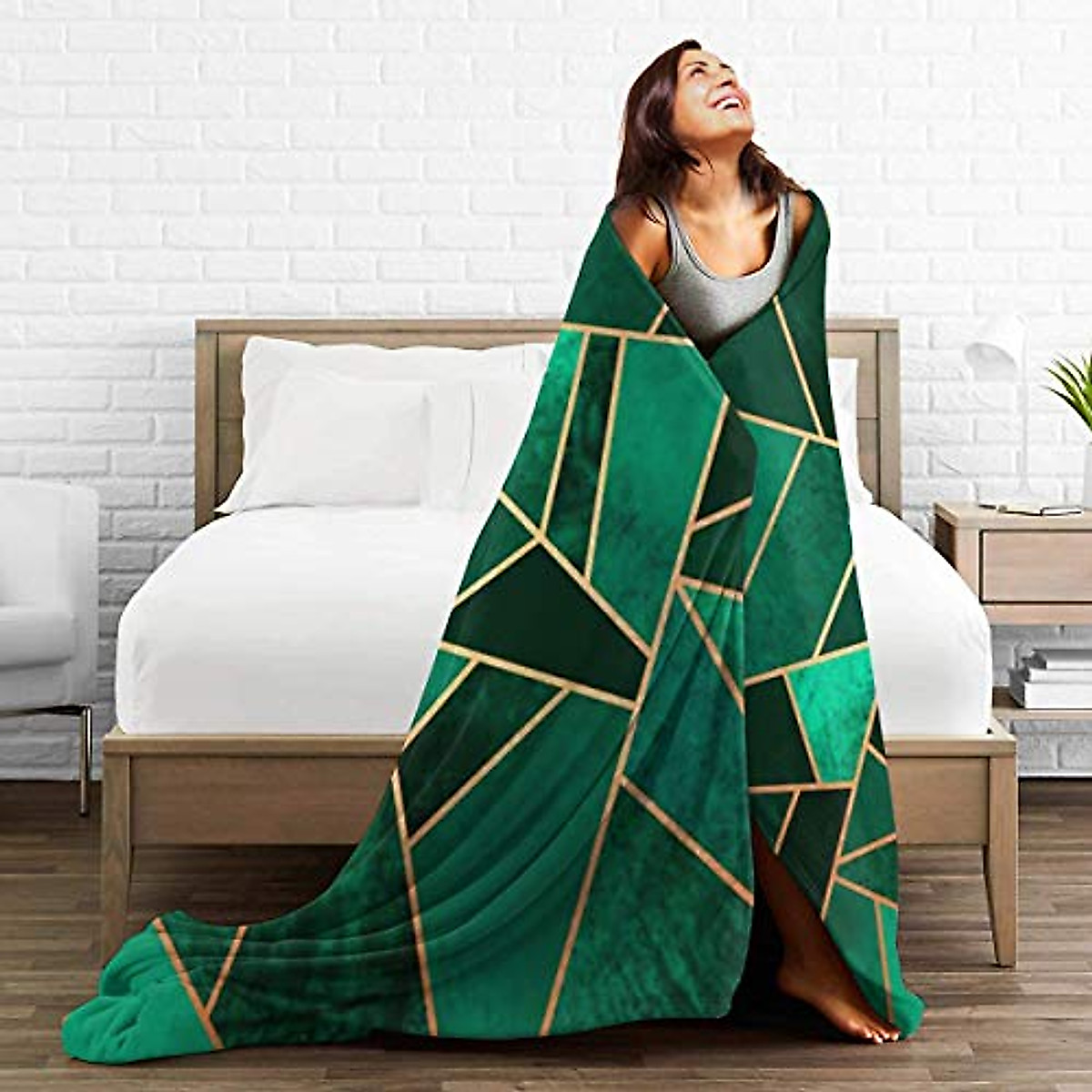 Nice Flannel Fleece Blankets, 80"x60", Emerald and Copper Green Triangle Gold Lines Geometric Art Throw Blanket for Cold Weather Outdoor Decorative, Air conditioning blanket and Quality Hypoallergenic