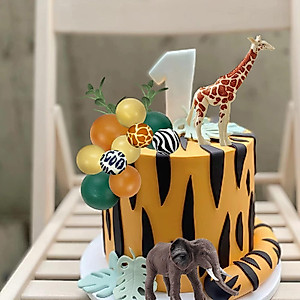 24 PCS Realistic Safari Jungle Animal Cake Toppers with Colorful Balls Cake Decorations for Wild Themed Birthday Oh Baby Party Supplies (Green Yellow)